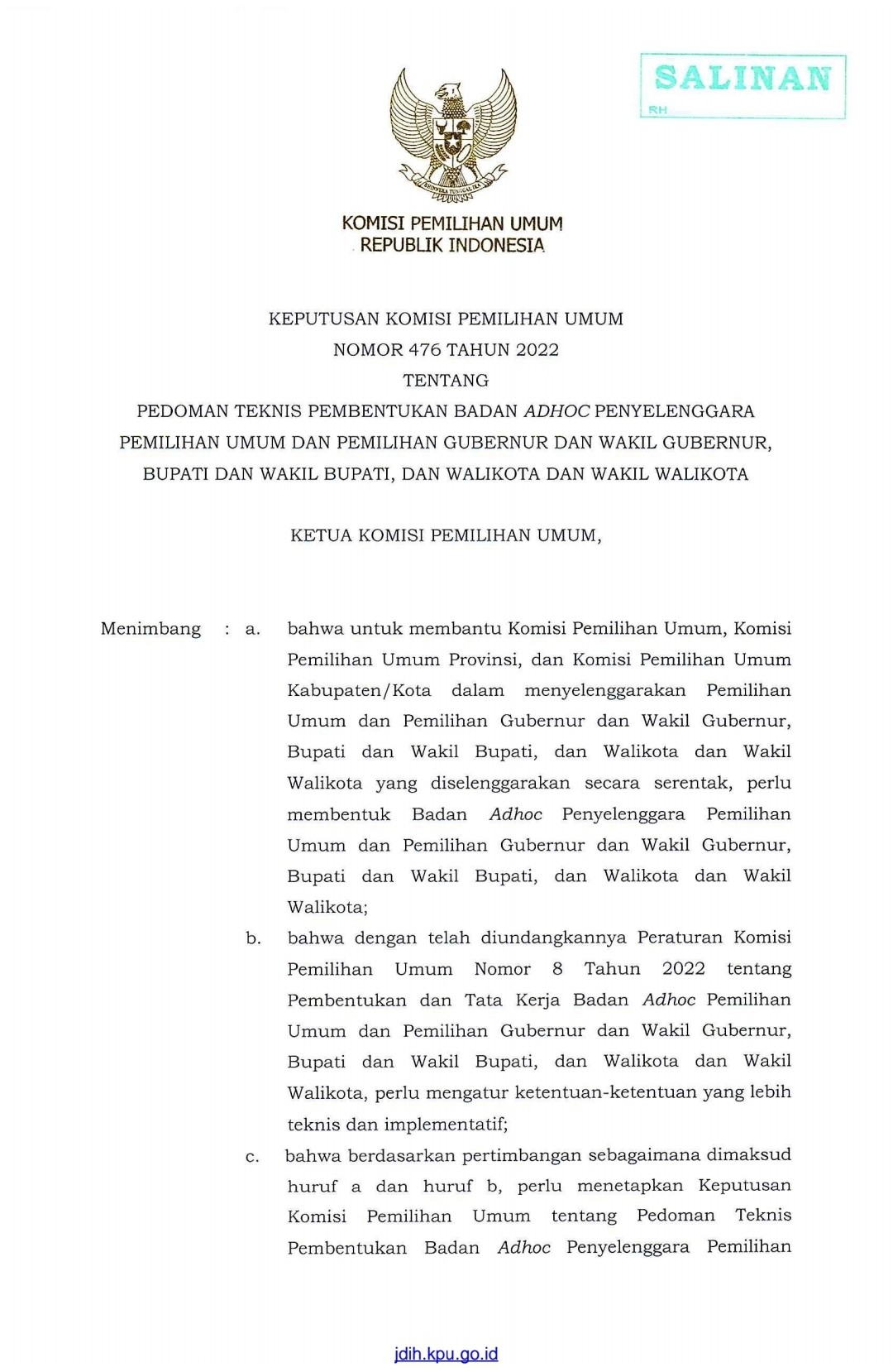 KPU JATENG - Keputusan KPU Nomor 476 Tahun 2022